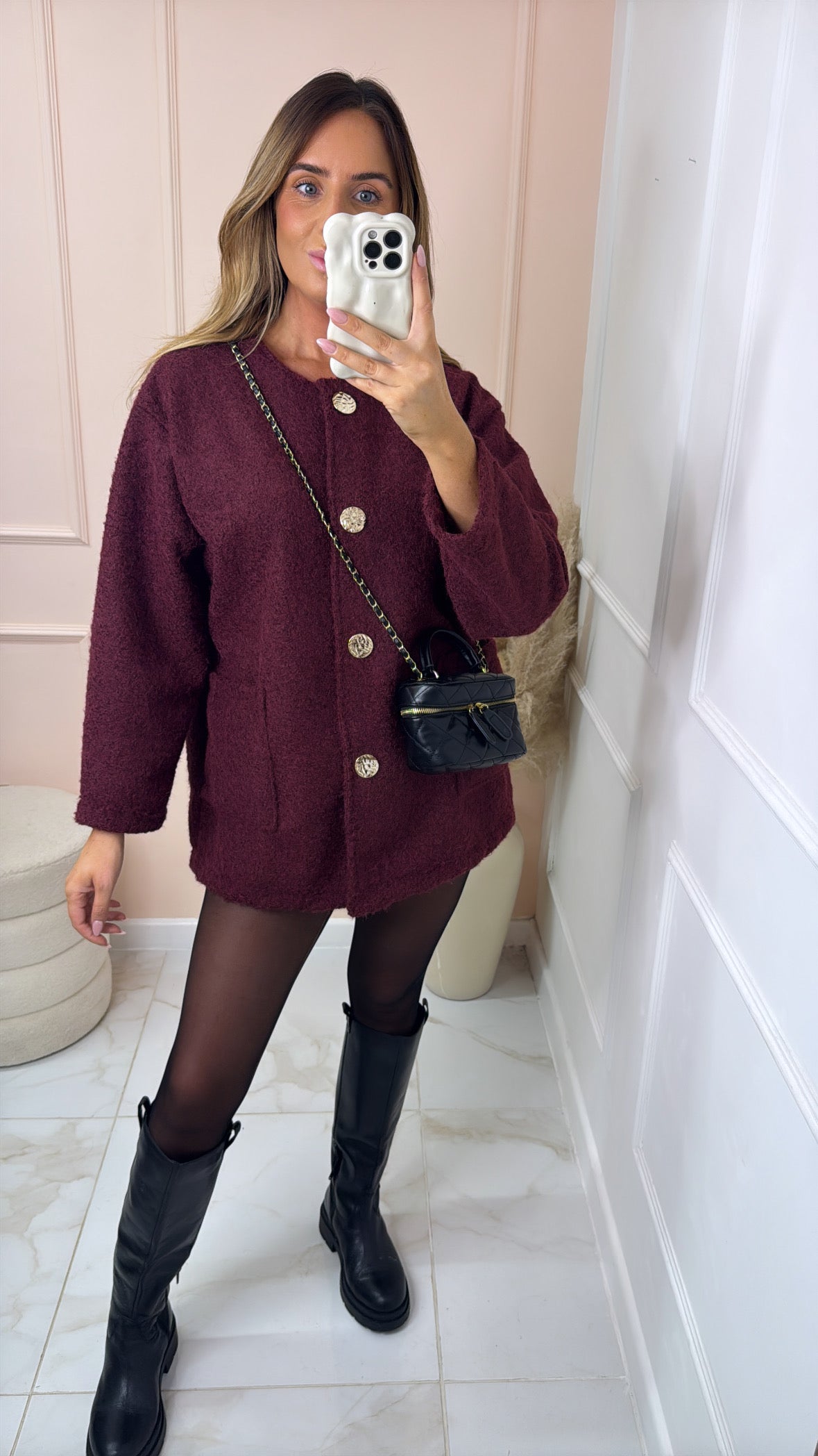 ROSA burgundy wooly button jacket – Adela Boutique